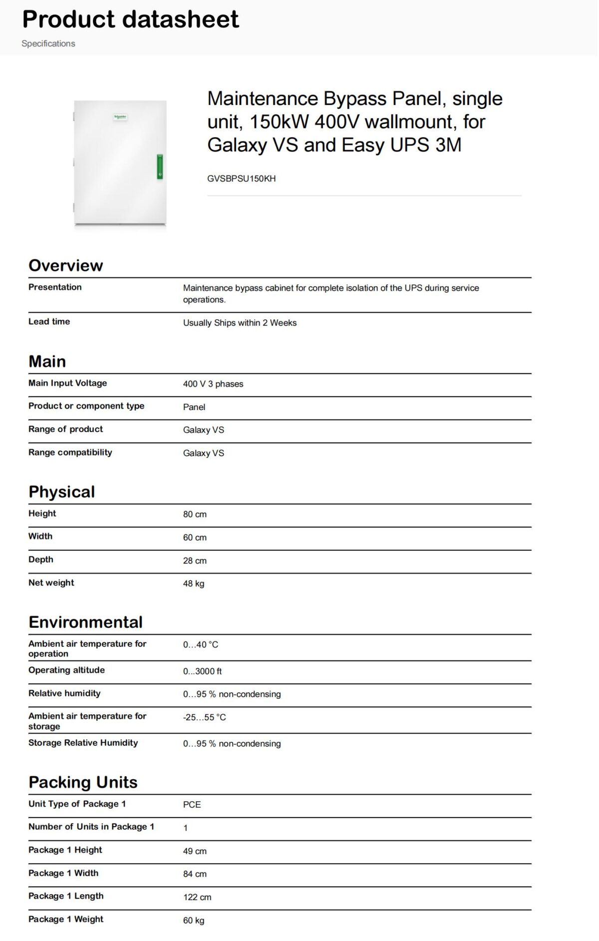 Maintenance Bypass Panel, single unit, 150kW 400V wallmount, for Galaxy ...