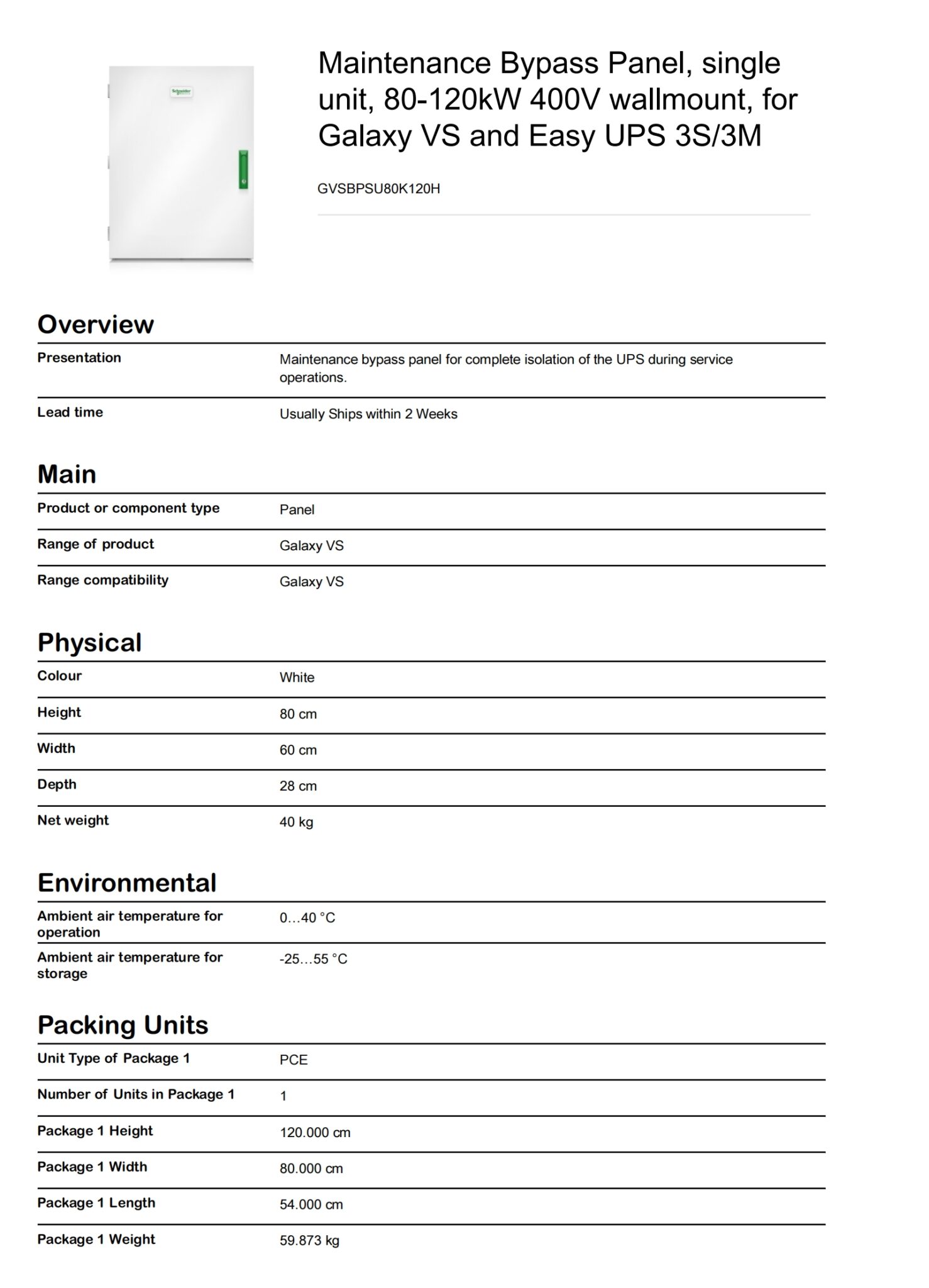 Maintenance Bypass Panel, single unit, 80-120kW 400V wallmount, for ...